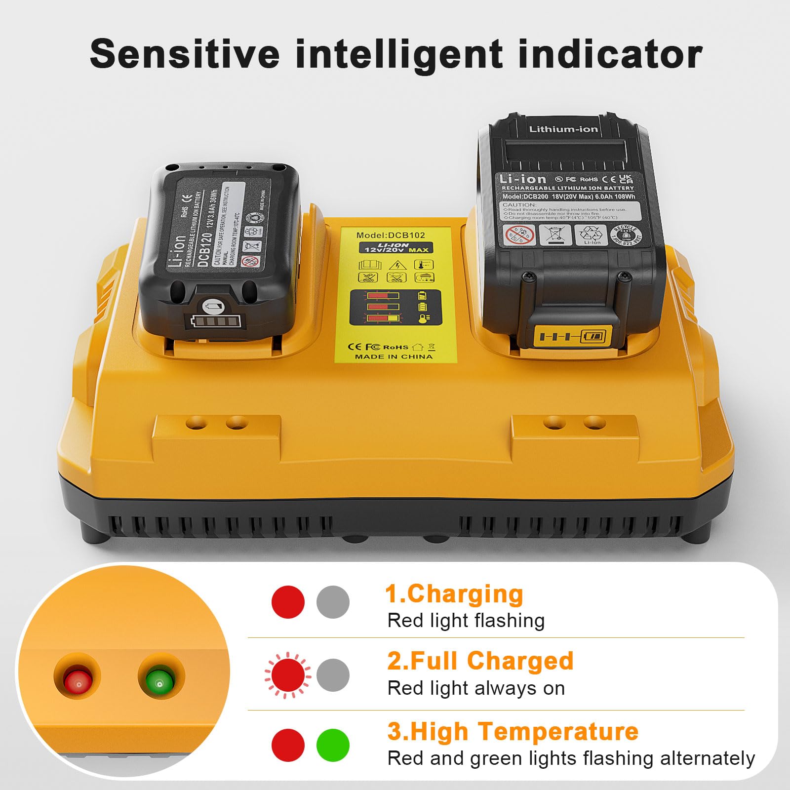 TeenPower 12/20V Max Battery Charger Replacement for Dewalt DCB102 Compatible with 12V 20V Max Lithium Battery DCB124 DCB203 DCB204 DCB606, 2-Port Simultaneous Charging