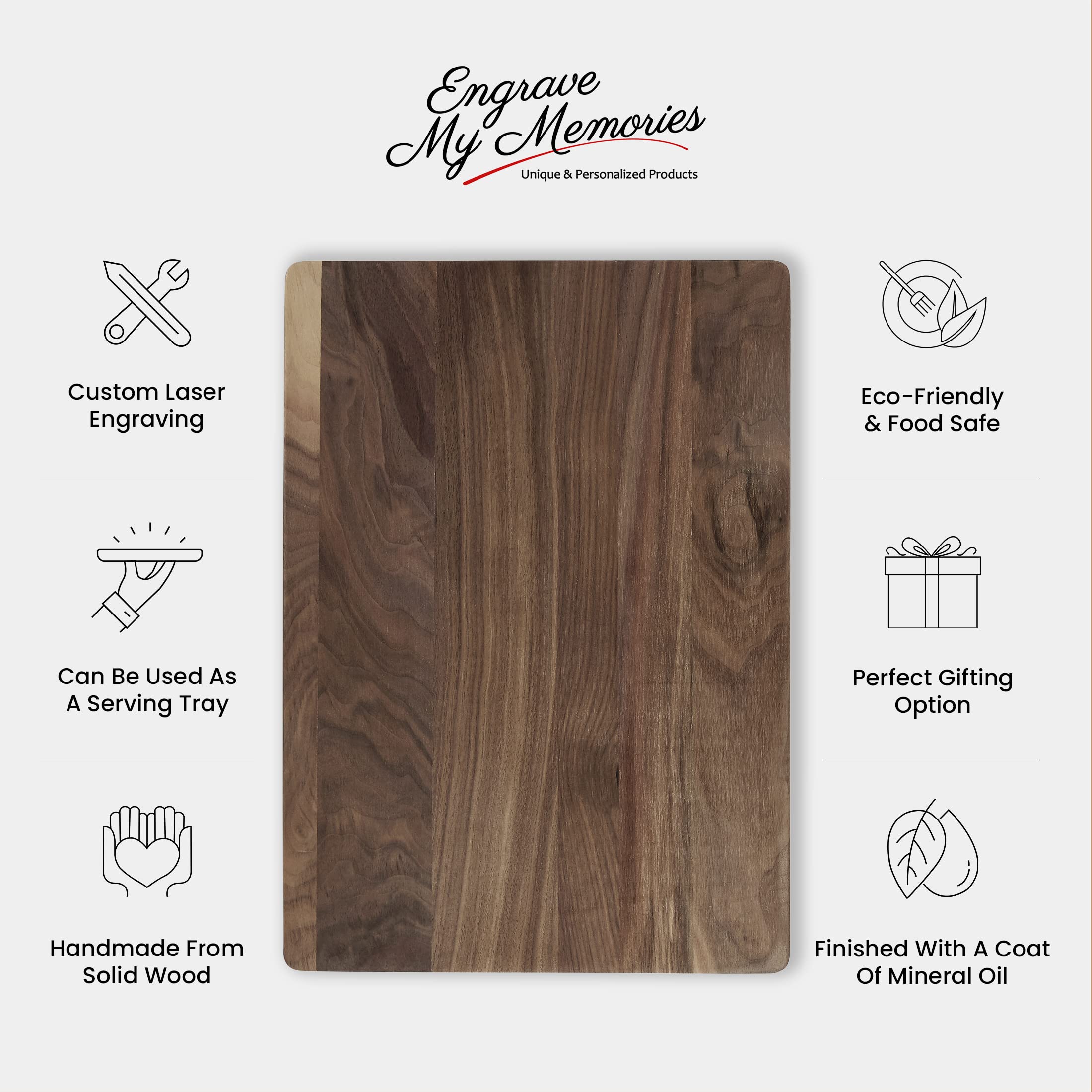 Engrave My Memories Cutting Board, Kitchen Chopping Boards, 14x10 Inch Natural Wood, Personalized Wooden Countertop Board, Center Design