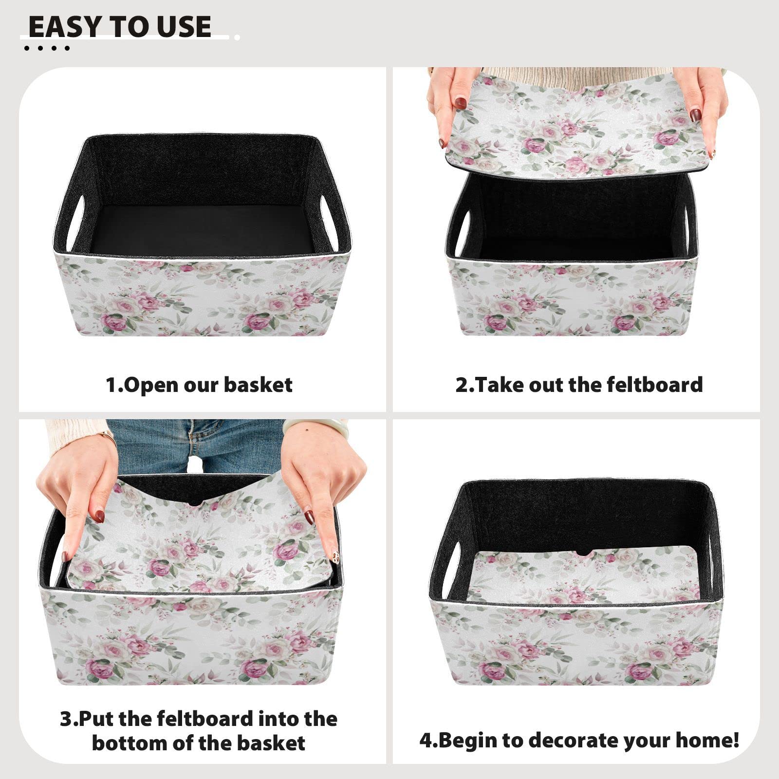 Pfrewn Floral Pattern Storage Bins Baskets for Organizing Pink Peach Blush White Flowers Fabric Foldable Storage Boxes Bag Collapsible Closet Shelf for Shelves Nursery Toys Office, 2 Pack