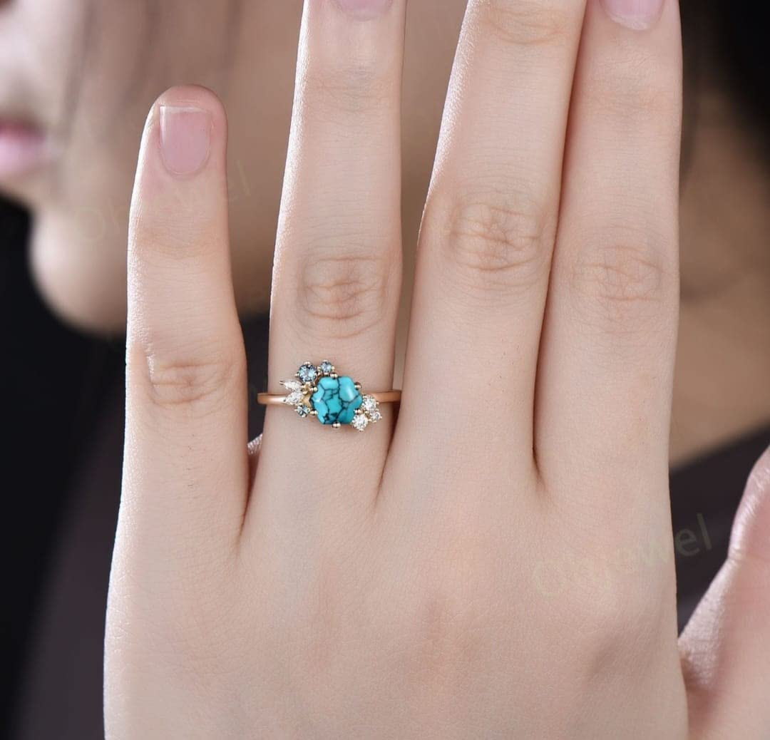 Hexagon cut Turquoise ring rose gold for women vintage unique Turquoise engagement ring cluster marquise diamond wedding promise ring gift