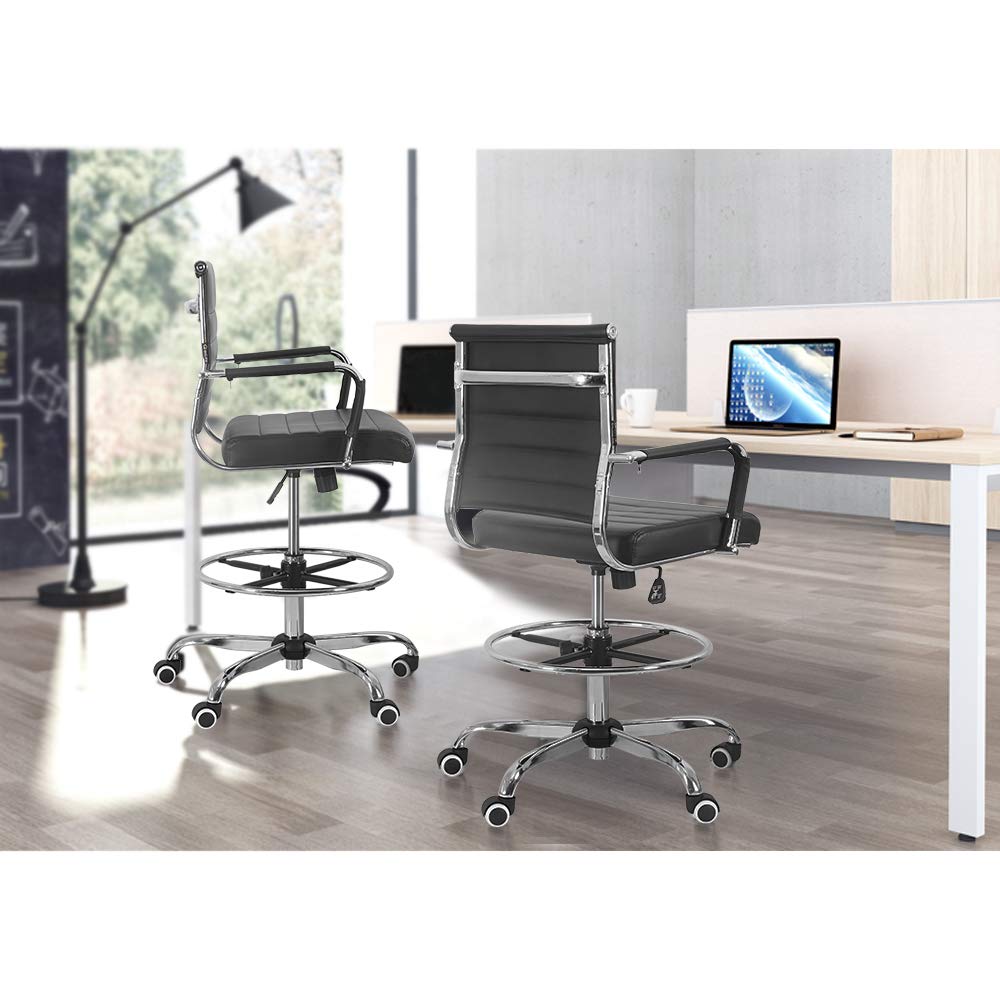 Drafting Chair Stool Office 400lbs Footrest Leather – Tall Arms Counter Adjustable Mid-Back Tilt-Tension Control Rocker Lumbar Support Swivel Rolling for Standing Desk 45"(Black, Ribbed Leather)