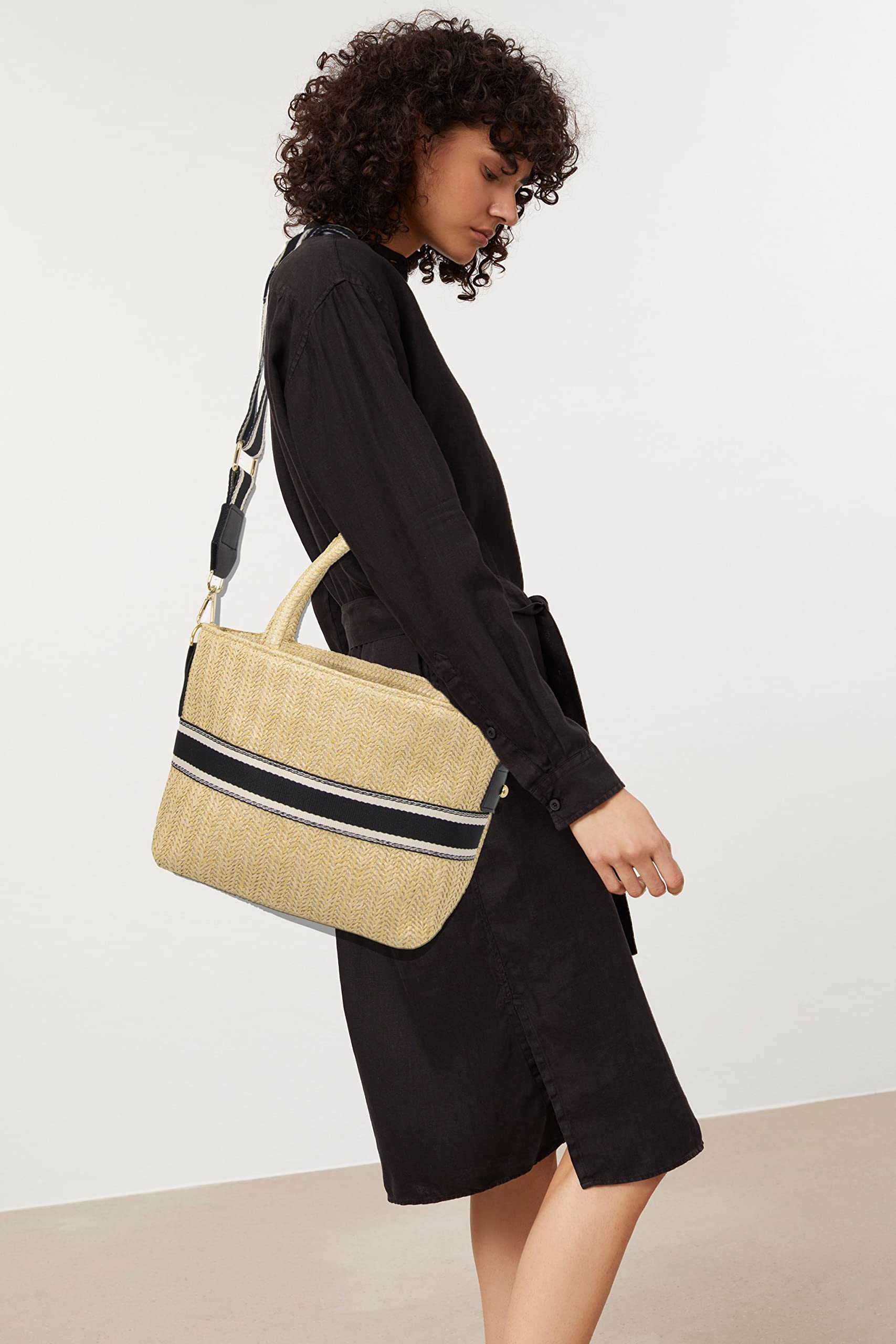 Hibala Straw bag Woven handbag Beach bag Straw purses for women Shoulder bag Summer Beach Tote (Black&White Stripe)