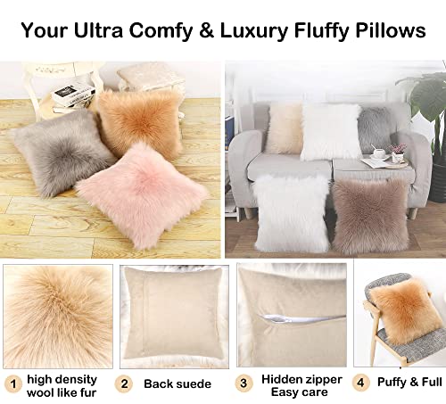 seemehappy 18" x 18" Khaki Fluffy Throw Pillow Cover with Insert Included Faux Fur Throw Pillows Decorative Fuzzy Pillows Furry Pillows Cushions for Chair Couch Bedroom