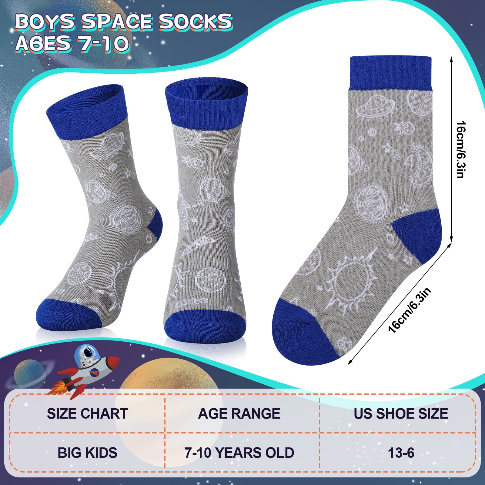Eurzom 6 Pairs Novelty Socks for Boys Cotton Crew Socks Space Theme Boy Socks Holiday Gift