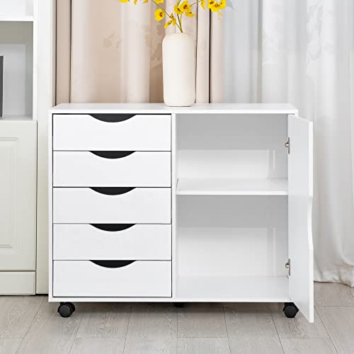 QDSSDECO 5-Drawer Chest with 1 Door, Wooden Storage Chest of Drawers, Mobile Dresser Cabinet with Wheels, Printer Stand for Home Office Bedroom