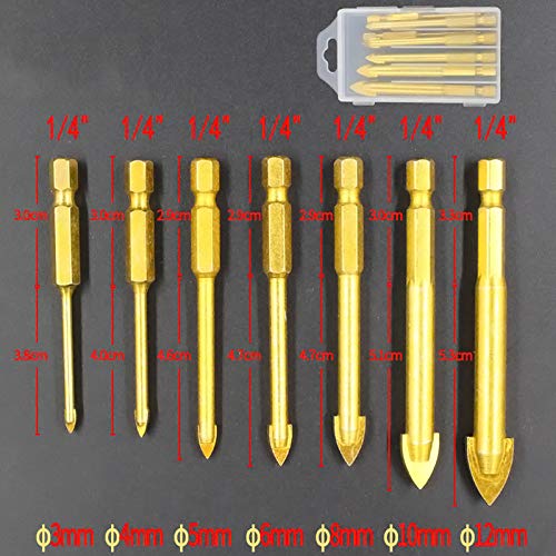Meichoon Drill Bits Set Triangle Tile 3-12mm 7PCS, Tungsten Carbide Titanium Coated Ceramic Concrete Drilling Tool with Hex Shank for Glass Tile Ceramic Mirror Porcelain Marble DC04