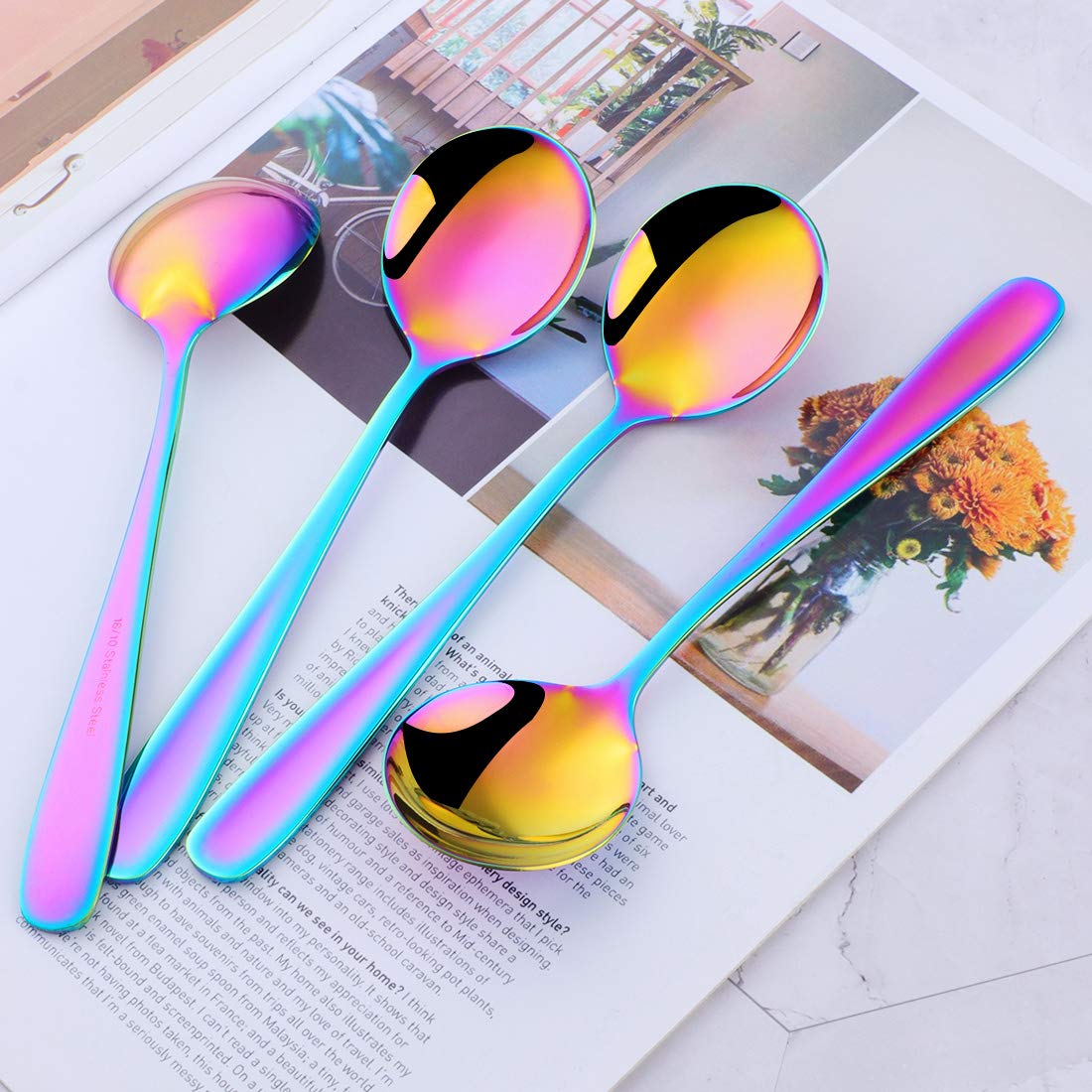 Soup Spoons, Color ME Rainbow 18 10 Stainless Steel Round Spoons, Set of 10
