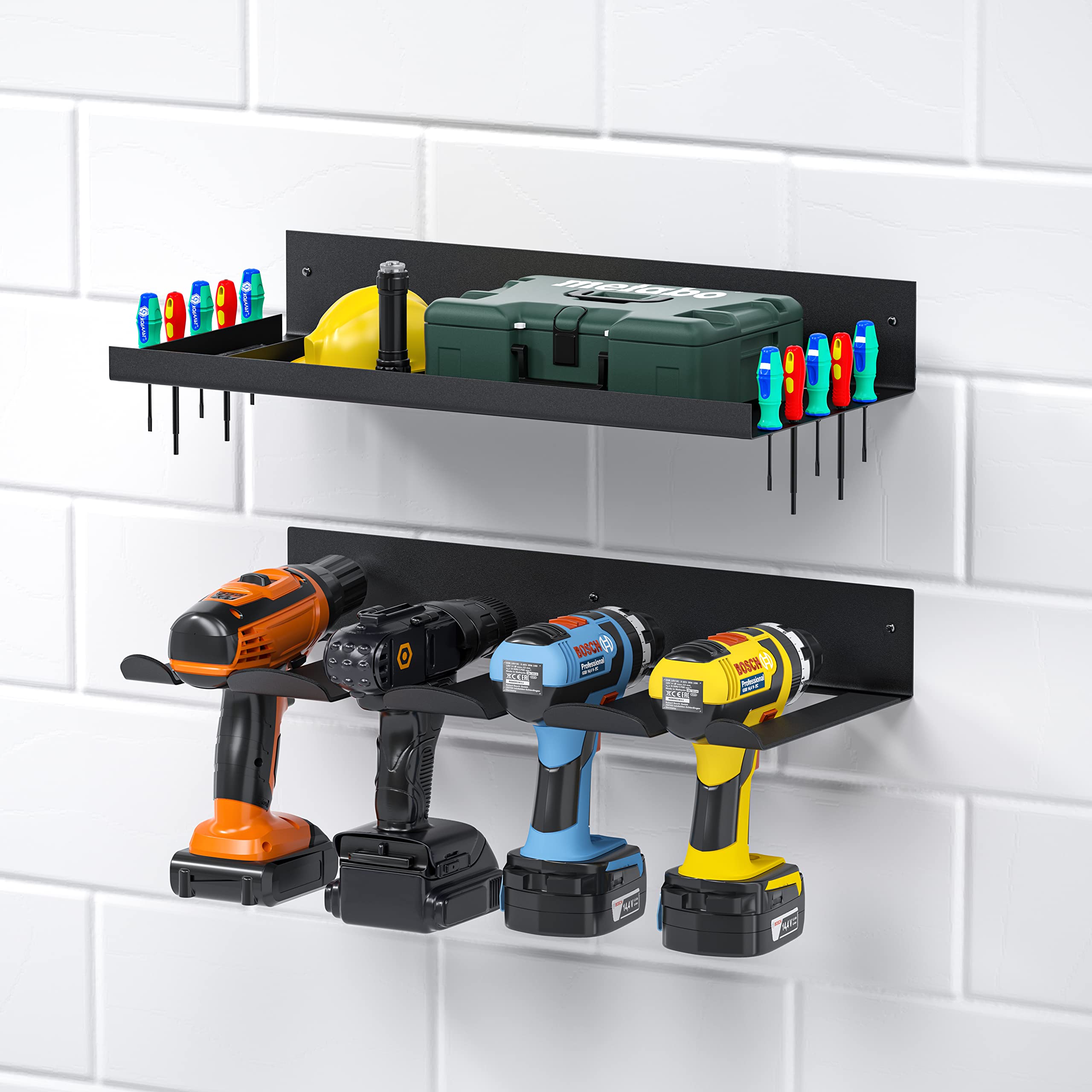 HUFEEOH Power Tool Organizer Wall Mount, Black Stainless Steel Garage Floating Shelves Storage Shelves, Heavy Duty Drill Holder for Cordless Drill Charging Station Screwdriver