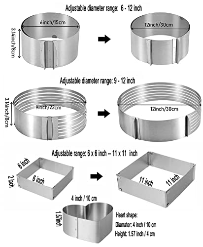 HAOYING 4 PCS Bakeware Set, 7-Layer Cake Slicer Cutter 9.5"-12",Cake Ring 6"-12", Square Cake Mold 6"-11", Heart Shape Cake Mold 4", Stainless Steel Pastry Slicing Rings Mousse Mould Baking Tools