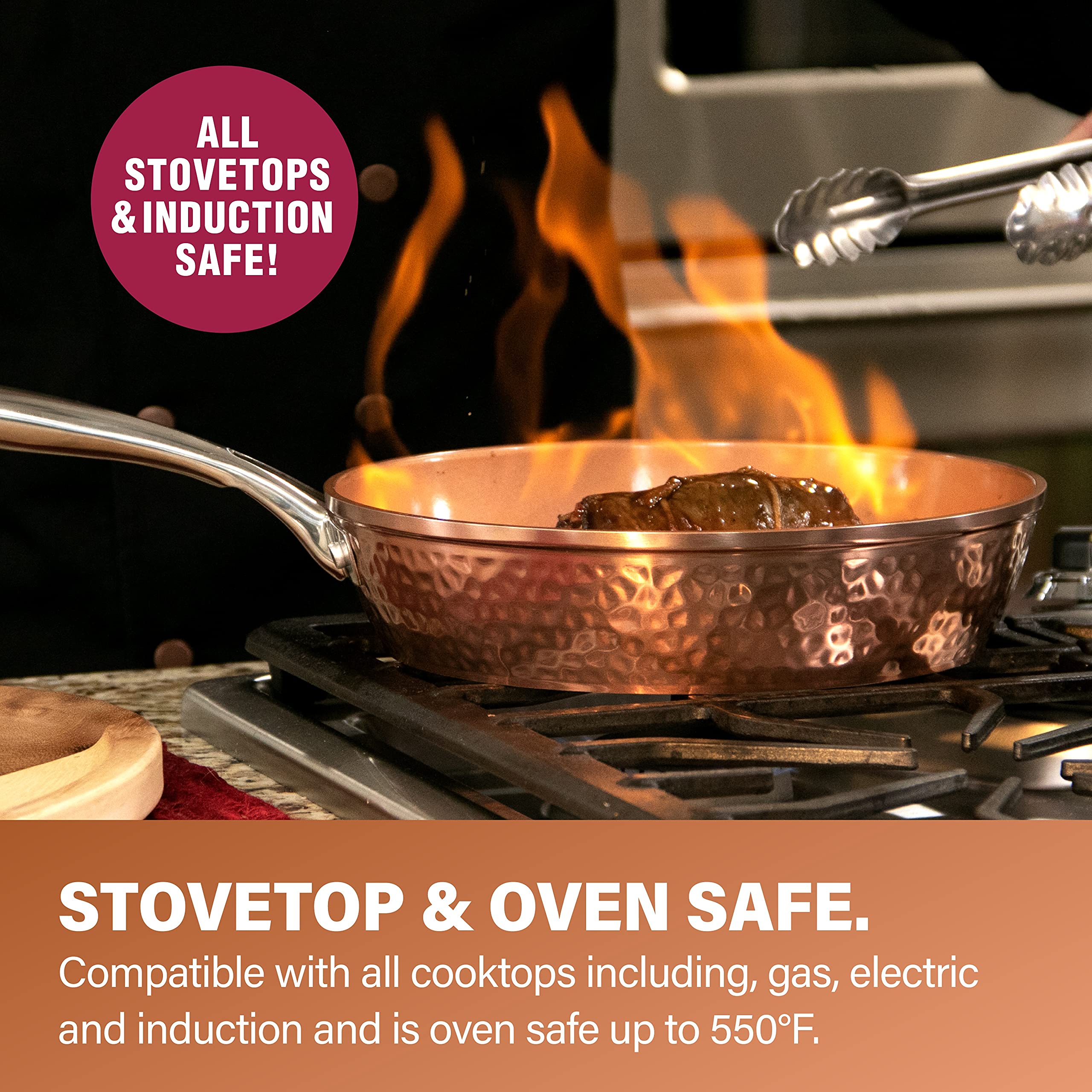 GOTHAM STEEL Hammered Copper Collection – 9.5” Nonstick Fry Pan Premium Cookware, Aluminum Composition with Induction Plate for Even Heating, 100% PFOA Free, Metal Utensil, Dishwasher & Oven Safe