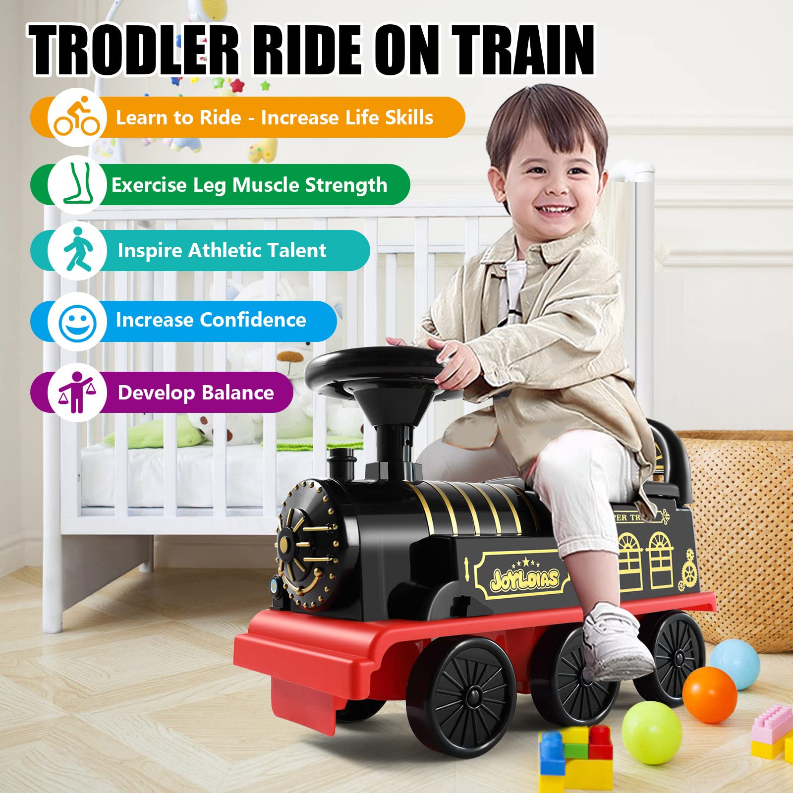 JOYLDIAS Toddler Ride On Train, Push Cars for Toddlers with Led Lights, Train Horns and Storage, Black (Non-Electric Version)