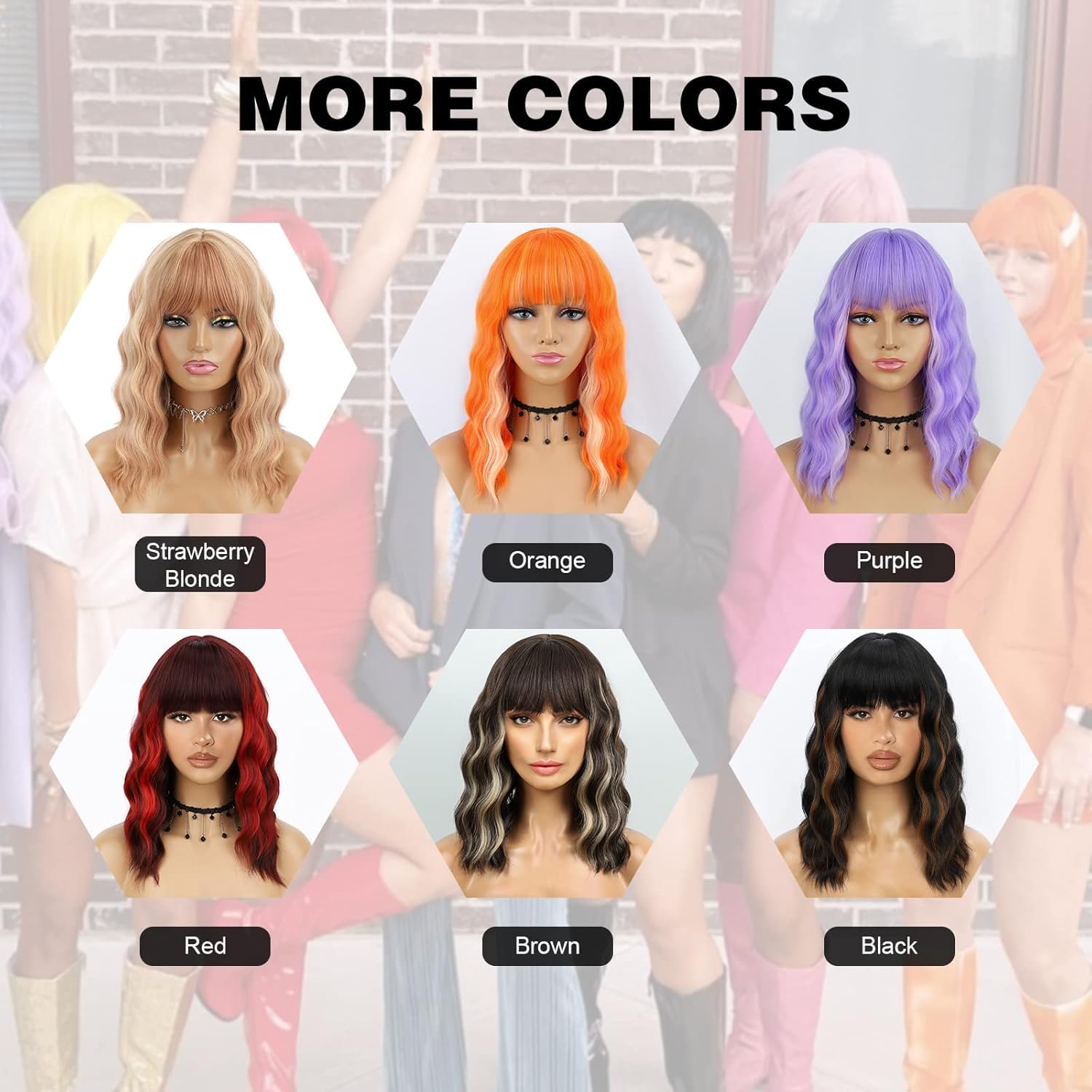 LUNDEREN Short Wavy Wig with Bangs for Women Shoulder Length Synthetic Highlight Heat Resistant Wigs Daily Party Use, Brown (16 inch