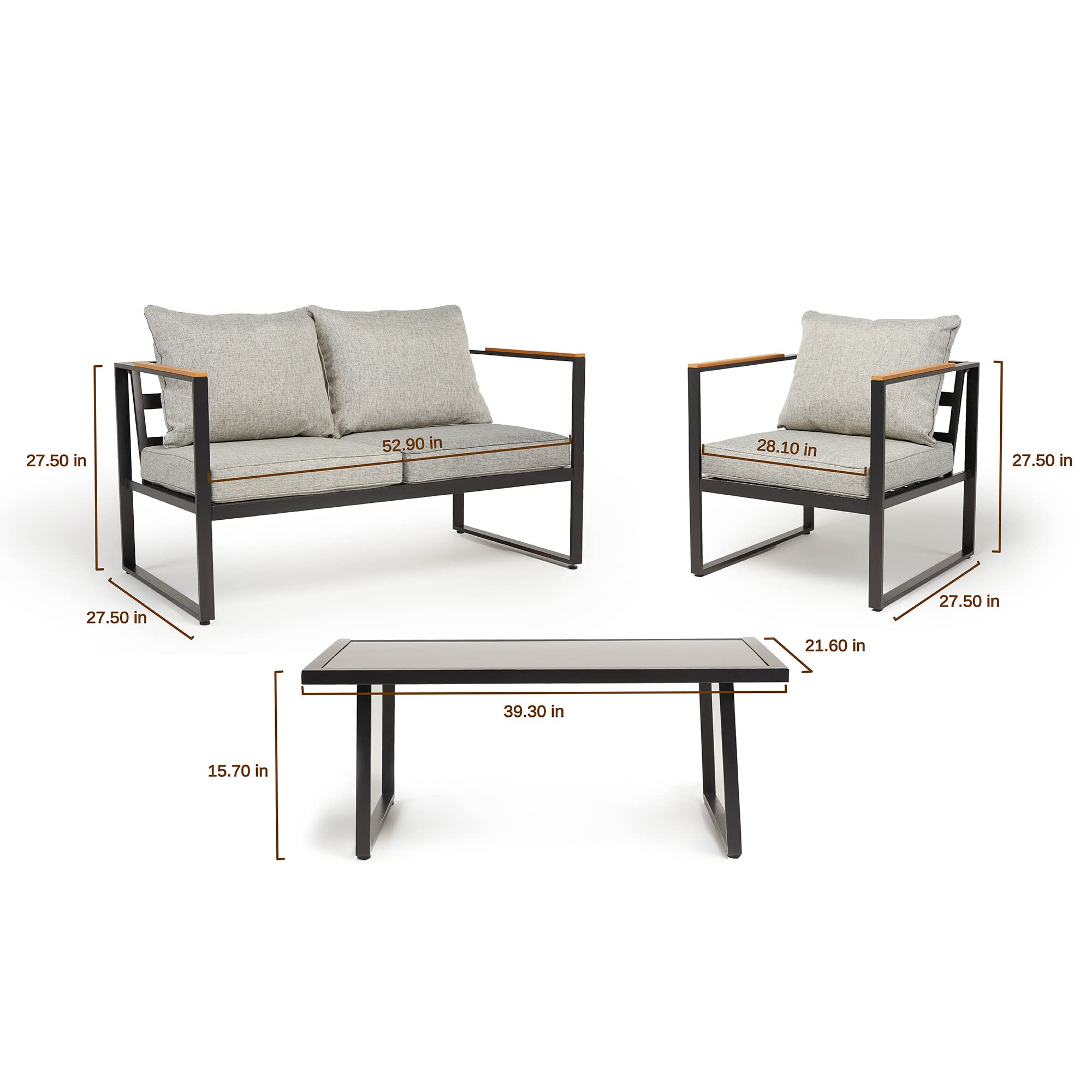 EAST OAK Courtyard Patio Furniture Set, 4-Piece Outdoor Patio Set with Sofa, Removable & Washable Deep Seating Cushion, Tempered Glass Table, Outside Patio Conversation Sets, Black & Light Grey