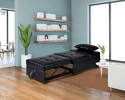Sleeper Chair Bed, Convertible Chair Bed 4 in 1 Multi-Function Folding Ottoman Sofa Bed with Adjustable Backrest, Modern Single Bed Chair for Living Room/Small Space/Apartment, Black Faux Leather