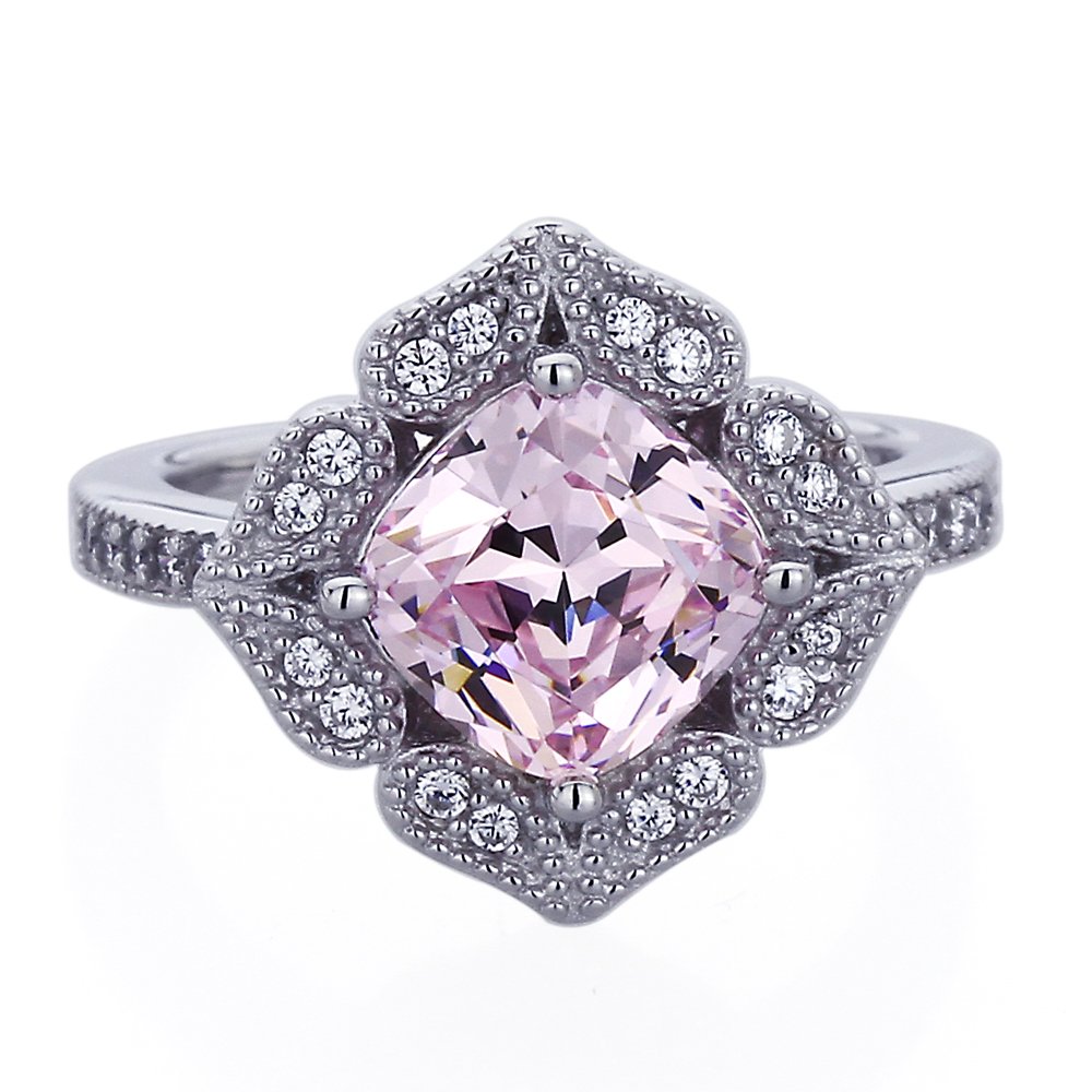 DoubleAccent Platinum Plated Sterling Silver Ring 2 CT Cushion Pink CZ Stone Milgrain Heart Flower Design Vintage Ring (Size 5 to 9), 5