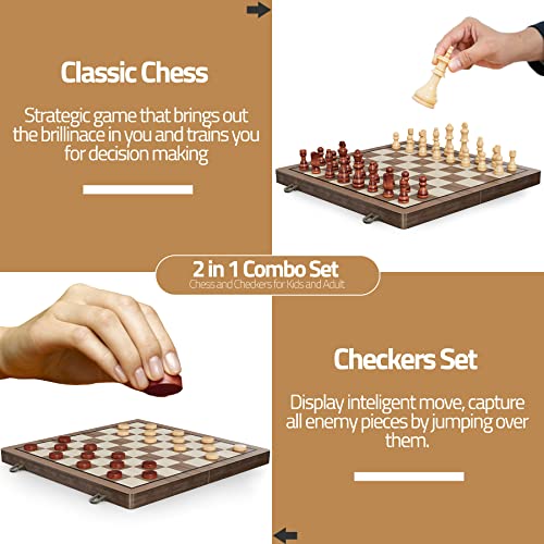 Joylord Wooden Chess and Checkers Game Set - 15" Magnetic Checkers and Chess Set - Felt Bottom, Inlaid Wood, Handcrafted Pieces, Veneer Inlay - Folding Chessboard, 2 Extra Queens