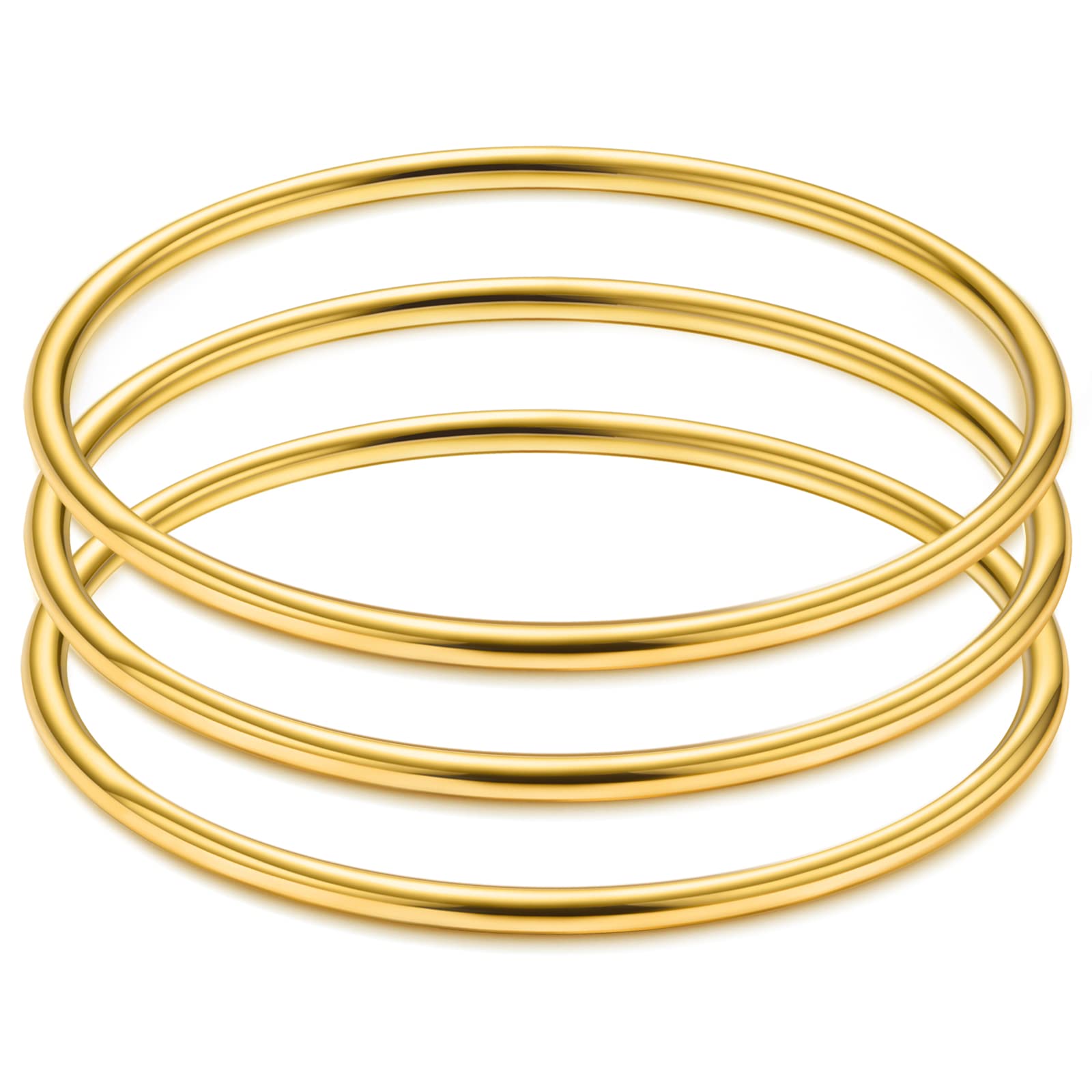 Daisy Bloom 18K Gold Plated Bangle Bracelet for Women / 3mm Thick Round Bangle Bracelet Set for Women, Set of 3, 8.0 Inches 65MM