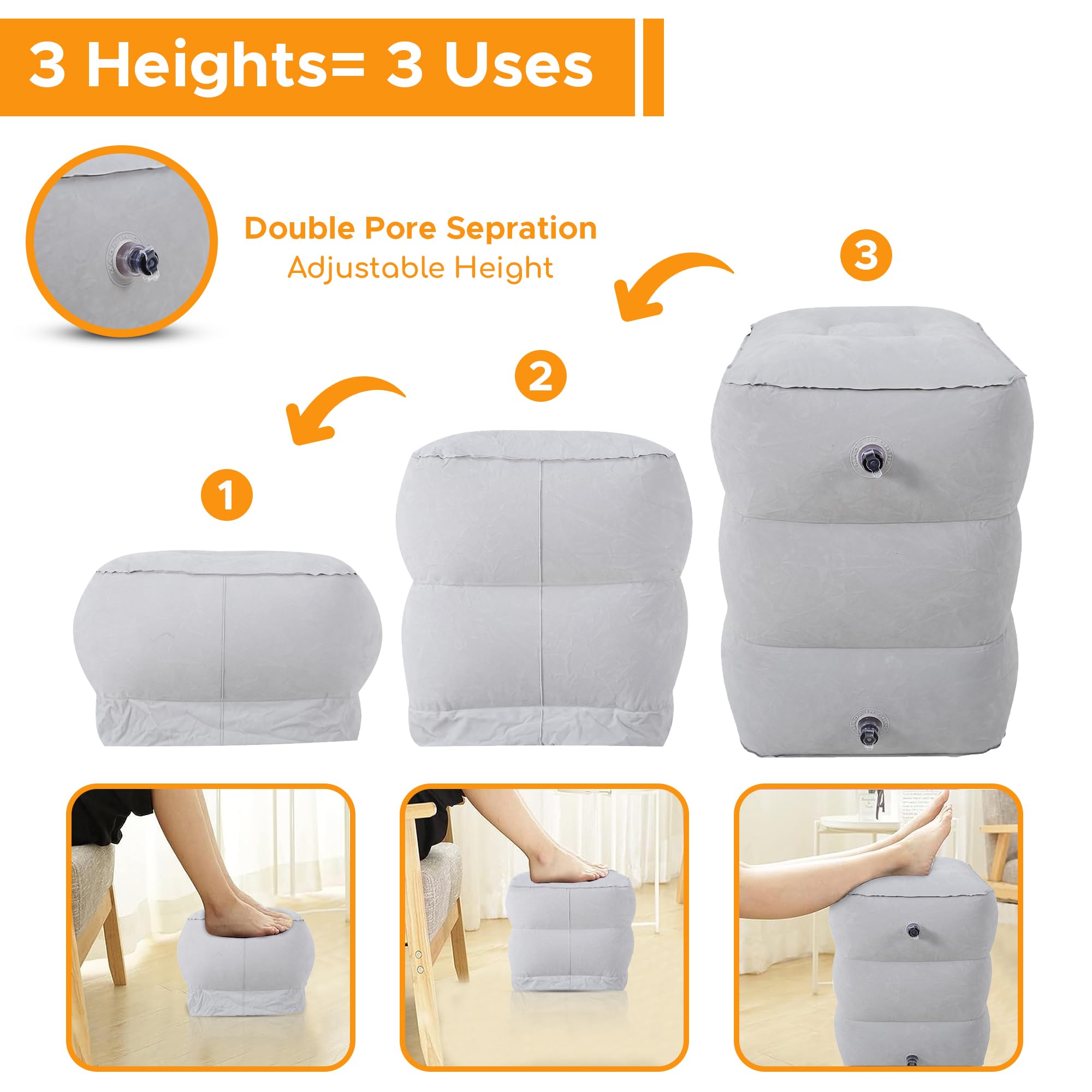 ENIE Pack of 2 Inflatable Foot Rest for Air Travel - Adjustable Three Layers Travel Airplane Foot Rest with Hand Pump - Adjustable Inflatable Toddler Airplane Bed, Footrest Pillow (Lightgrey)
