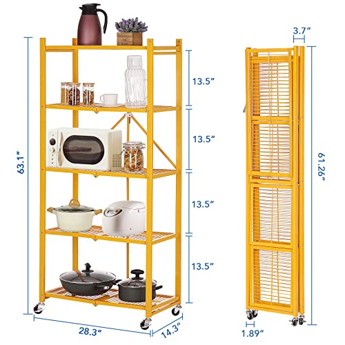 ShanSon Storage Shelves with Wheels 5 Tier Heavy Duty Foldable Metal Rack Storage Shelving Units for Garage Kitchen,Yellow