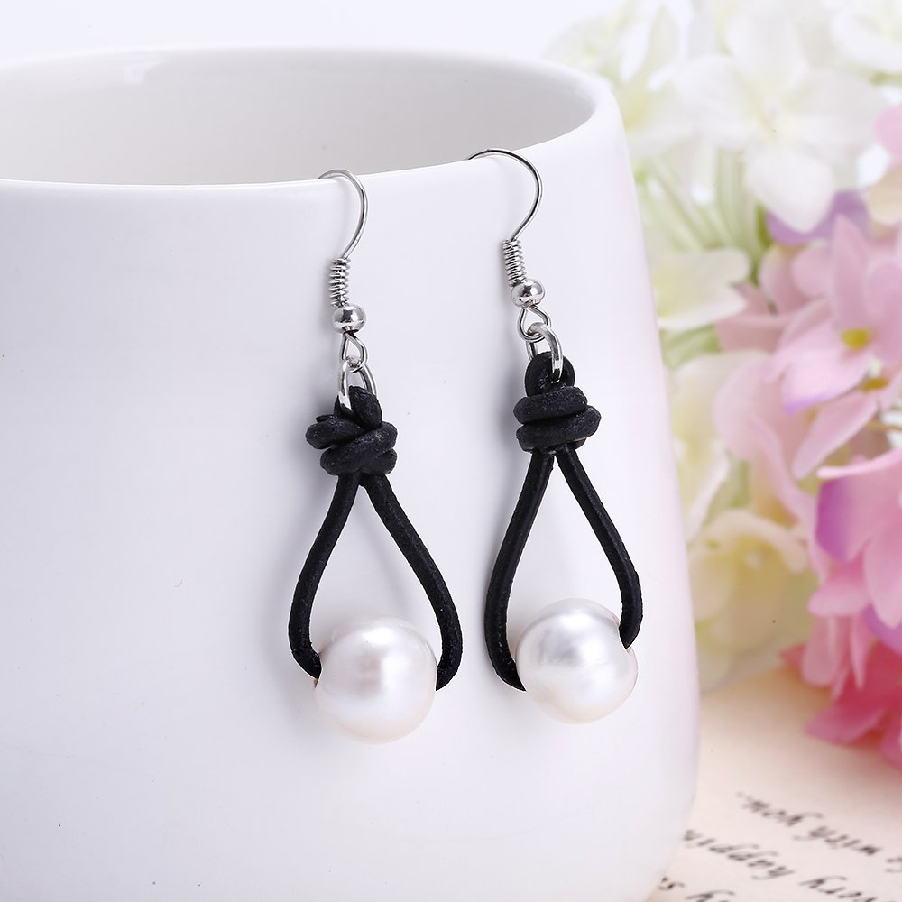 Freshwater White Pearl Dangle Earrings Genuine Leather Cord Hook Drop Bohemian Jewelry for Women Black