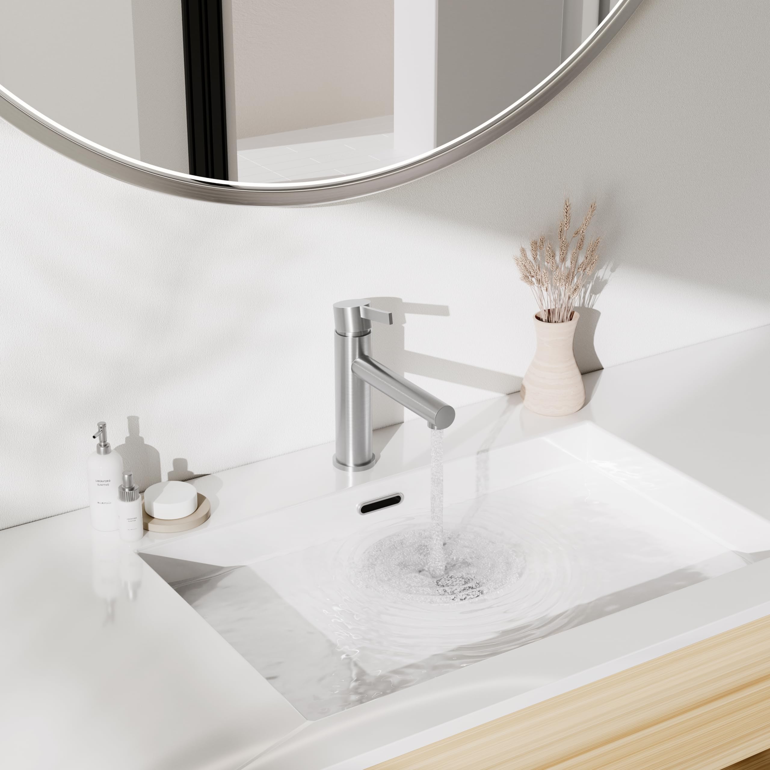 Phiestina Single Hole Single Handle Low Arc Brushed Nickel Bathroom Sink Faucet, Basin Faucet with Metal Pop-up Drain & Water Supply Line, FH01-BN