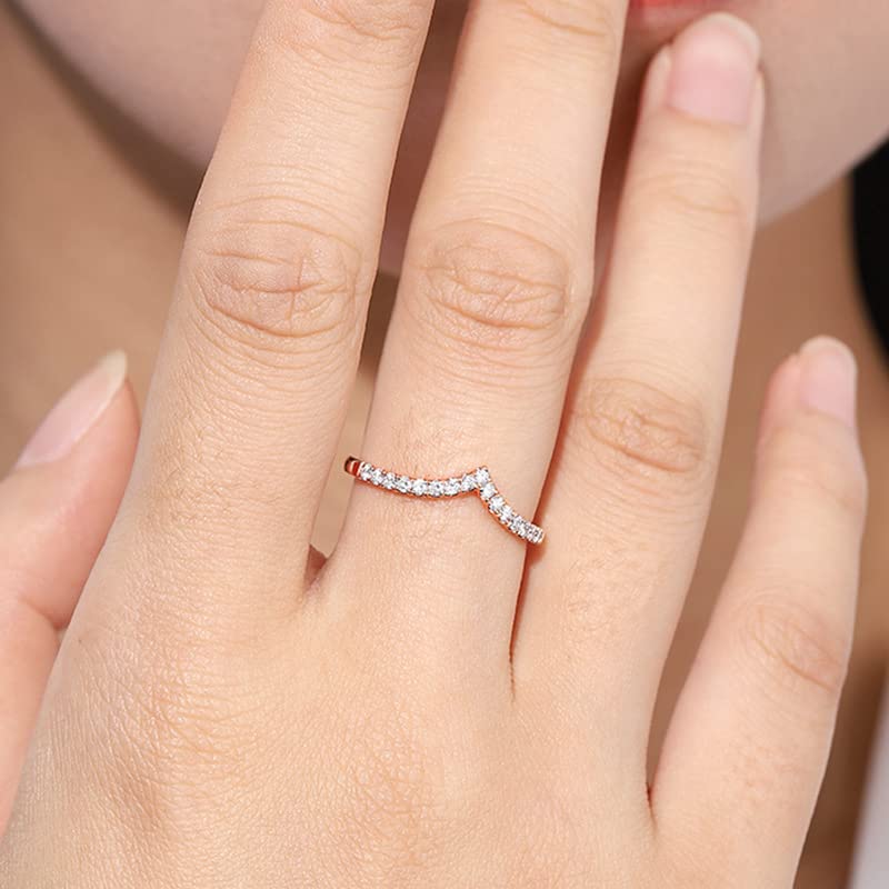 Dainty Sparkling Wishbone 'V' Ring for Women with Cubic Zirconia, Elegant and Simple Ring Best Gift for Lover size6-9-Rose Gold 6