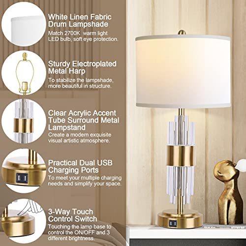 QiMH Gold Table Lamp for Living Room, Bedside Lamps for Bedrooms with Touch Control USB Ports, Modern Nightstand Lamp White Shade Home Lighting Decor (2700K LED Bulb Included)