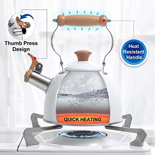 ROCKURWOK Whistling Tea Kettle, 1.6 QT / 50 OZ, White Teapot, Universal Base for Induction | Gas | Electric | Halogen | Radiant, Wooden Handle, Vintage