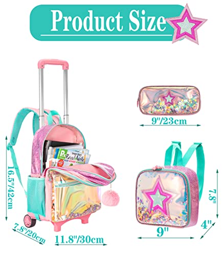 Meetbelify Girls Rolling Backpacks Wheels Roller Backpack Laptop Travel Luggage with Lunch Box for Elementary Girls Students