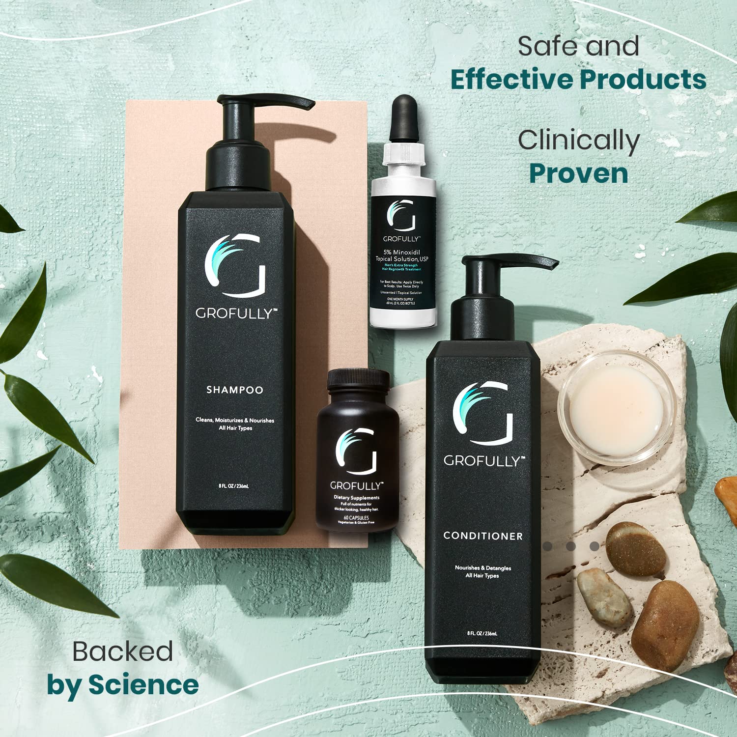 Grofully Men’s Hair Regrowth Kit - Premium | 4-Step System | Shampoo, Conditioner, 5% Minoxidil, and Supplements
