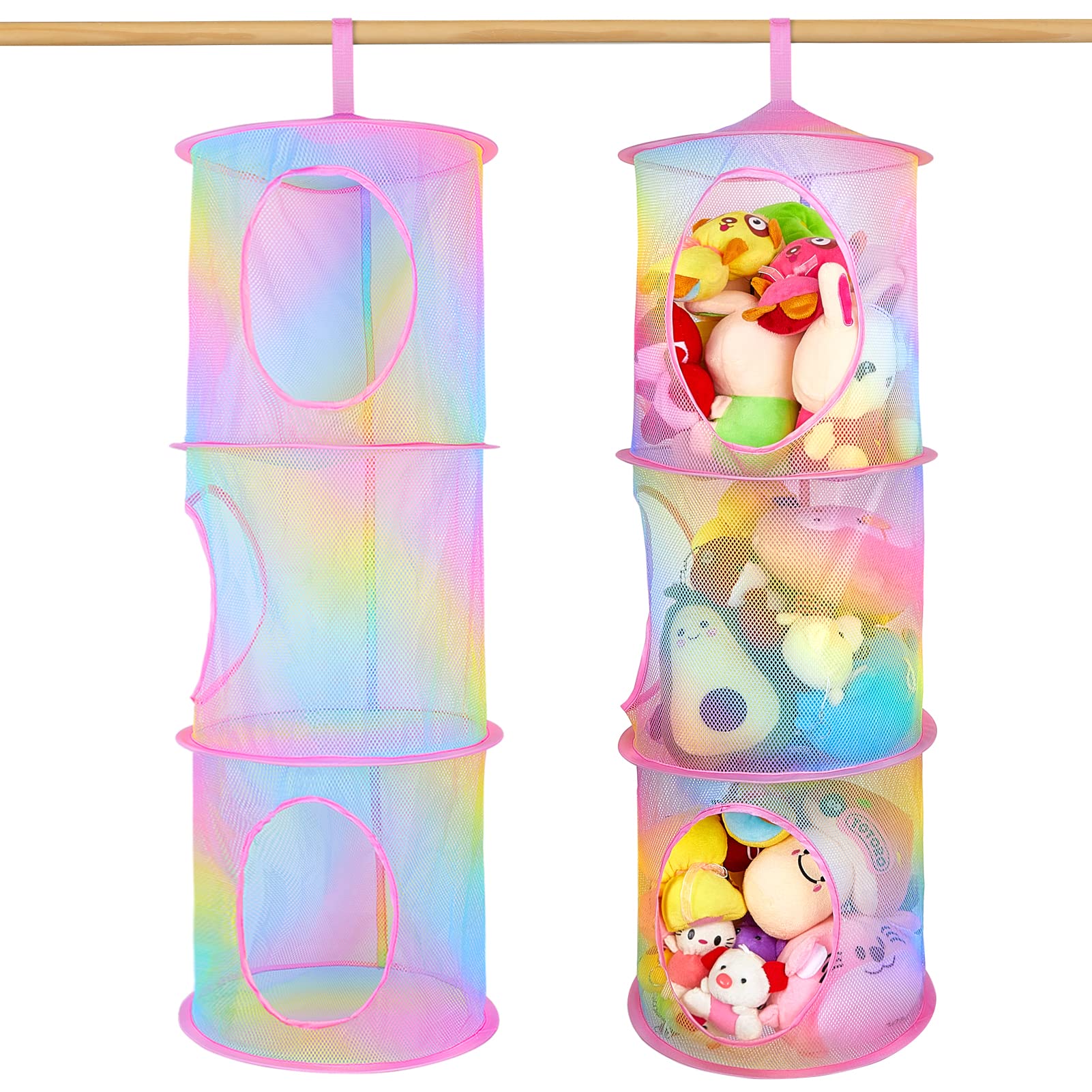 FIOBEE Stuffed Animals Hammock Net Toy Storage 2 Pack Hanging Stuffed Animals Organizer Holder Mesh Toy Organizer with 3 Compartments for Girls Room Closet Kids Playroom