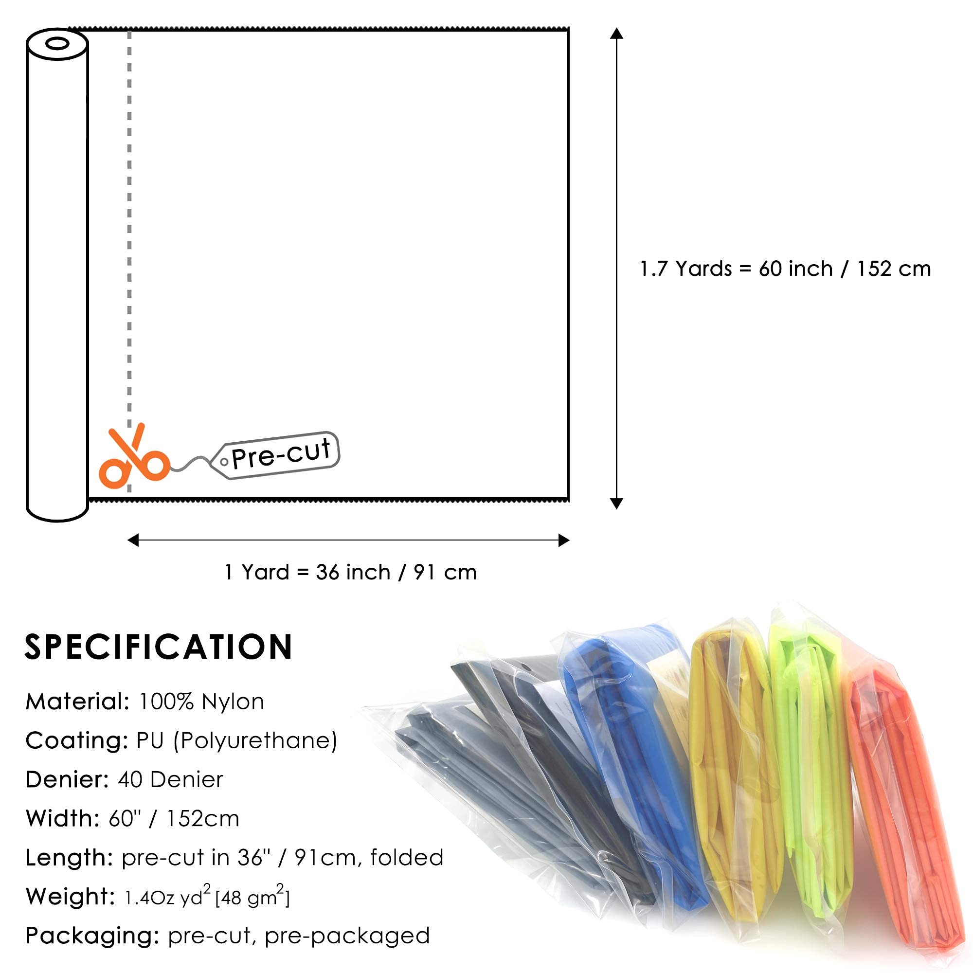 emma kites Fluorescent Orange Ripstop Nylon Fabric 40 Denier, Pre-Cut Piece 1-Yard: 60"x36", Ultra-light Airtight PU Coating Water Repellent