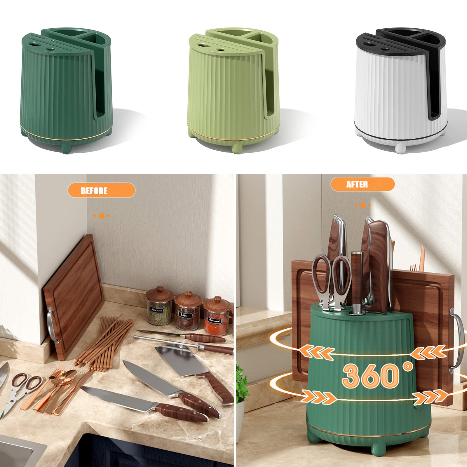 HGUIM Rotating Spoon Fork Knife Rack Knife Block Holder and Cutting Board Organizer with Drain Tray Multi-Function Round Kitchen Utensil Caddy for Countertop
