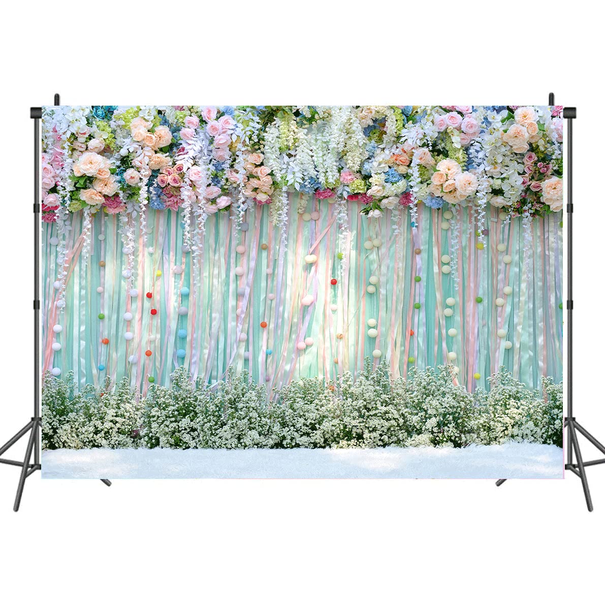 Mestiker 7x5ft Wedding Backdrop Proposal Flowers Ribbon Wedding Flowers Ceremony Banner Bridal Shower Cradle Ceremony Photography Background Cake Table Decoration Photo Studio Booth Props Vinyl