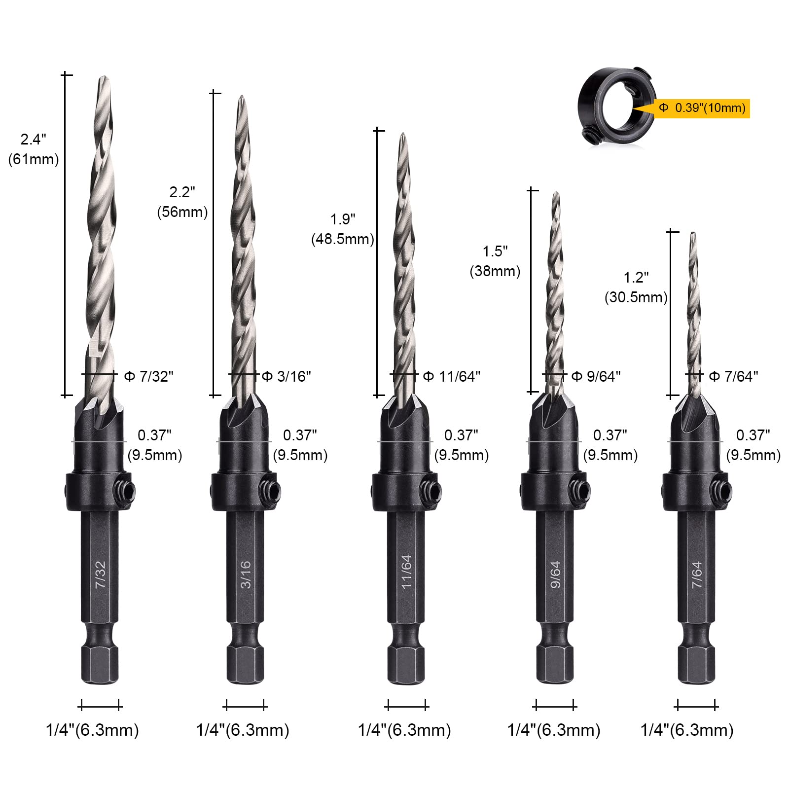 WEAVERBIRD Wood Countersink Drill Bit Set (5Pcs), #4, 6, 8, 10, 12 Tapered High Speed Steel Drill Bits with 1/4" Hex Shank, Depth Adjustable Stop Collar (3/8") and Hex Wrench (1/8" Allen key) included