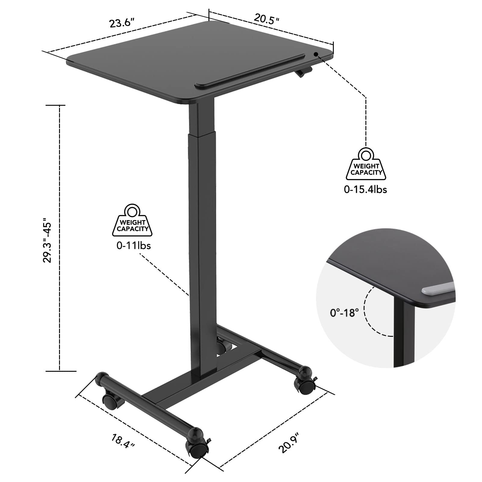 FLEXISPOT MT3 Medical Adjustable Overbed Table with Wheels Pneumatic Mobile Standing Desk Laptop Desk Rolling Computer Cart Movable Overbed Table Hospital Home Use (23.6" W x 20.5" D, Black Table)