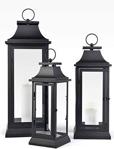 Serene Spaces Living Black Hurricane Lanterns with Clear Glass Panels, Perfect for Home Decor, Parties & Events, Table Top Or Hanging Lantern for Indoor & Outdoor, Measures 15" Tall and 5" Diameter