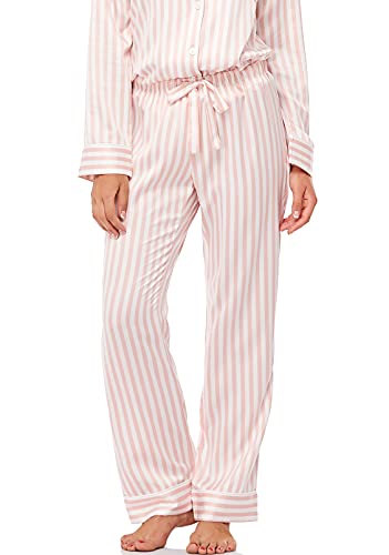 Serenedelicacy Women's Satin Pajama Set Long Sleeve Button Down Sleepwear 2-Piece Striped Silky Pj Set (Medium, Blush/Ivory, Stripe)