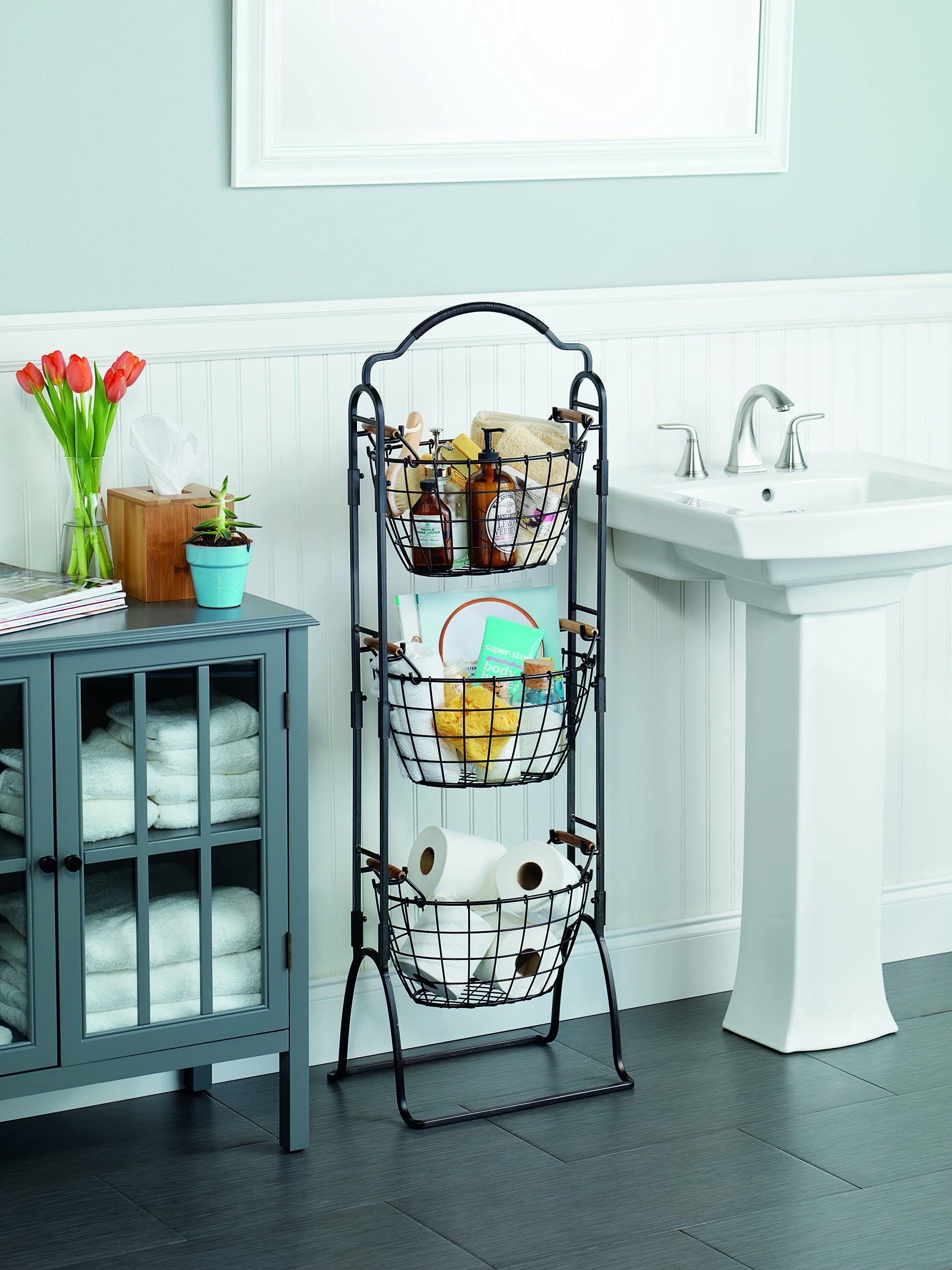 Gourmet Basics by Mikasa 5184916 Harbor Adjustable 3-Tier Metal Floor Standing Fruit/Home Storage Basket, Antique Black