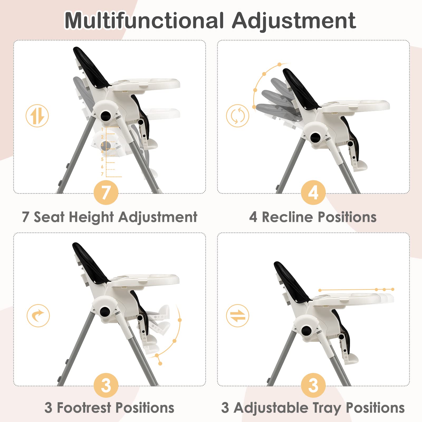 INFANS High Chair for Babies and Toddlers, Foldable Highchair with 7 Different Heights 4 Reclining Backrest Seat 3 Setting Footrest, Removable Tray Built-in Rear Wheels with Locks (Black)