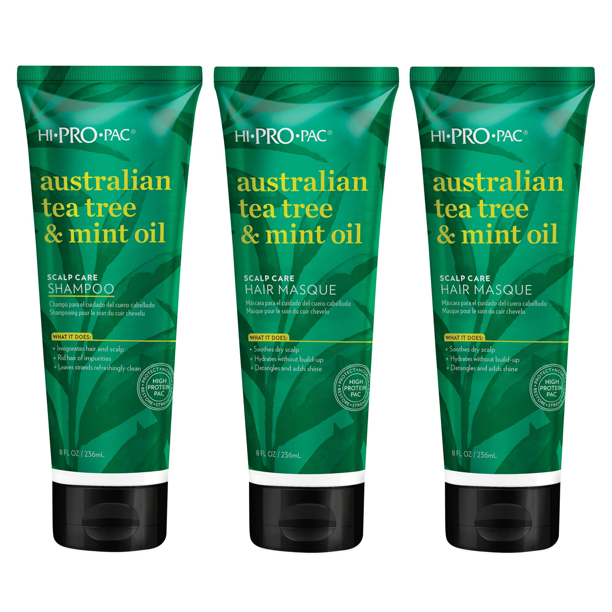 Hi-Pro-Pac Australian Tea Tree and Mint Oil Shampoo and Hair Masque (3-Pack) - Hydrating Scalp Care and Hair Treatment for Dry Hair, Enhances Shine
