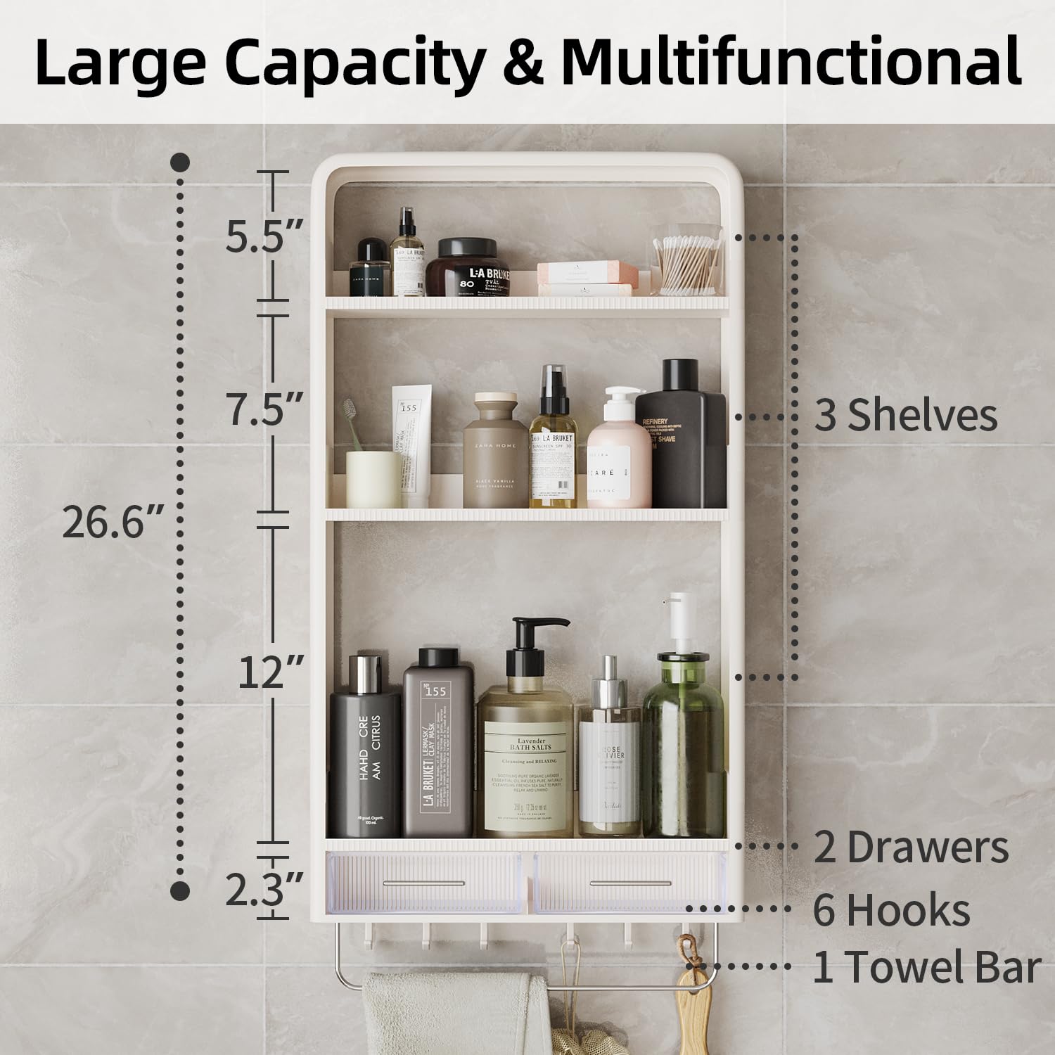 LURIVA Plastic Bathroom Shelves with 2 Drawers & Towel Bar, No Drilling, Bathroom Organizers and Storage, Over Toilet Storage, Wall Mount Shower Organizer, Shower Caddy, Bathroom Wall Cabinet