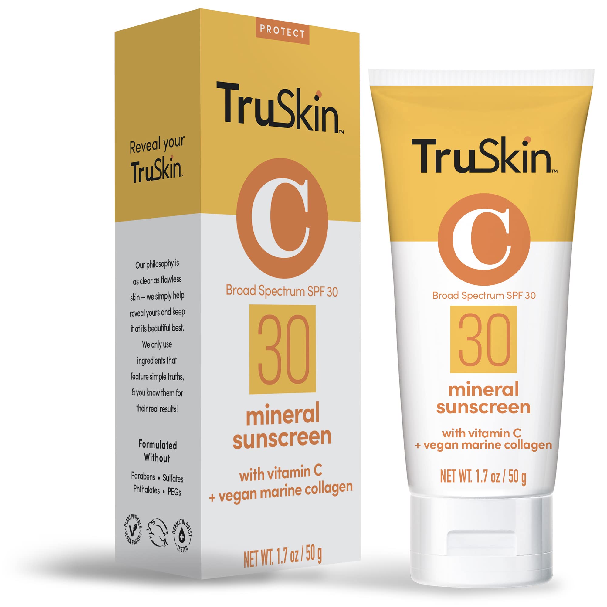 TruSkin Mineral Face Sunscreen SPF 30 β Broad Spectrum Mineral Sunscreen for Face with Zinc Oxide, Vitamin C & Vegan Marine Collagen β Lightweight Sunscreen for Sensitive Skin, 1.7 fl oz