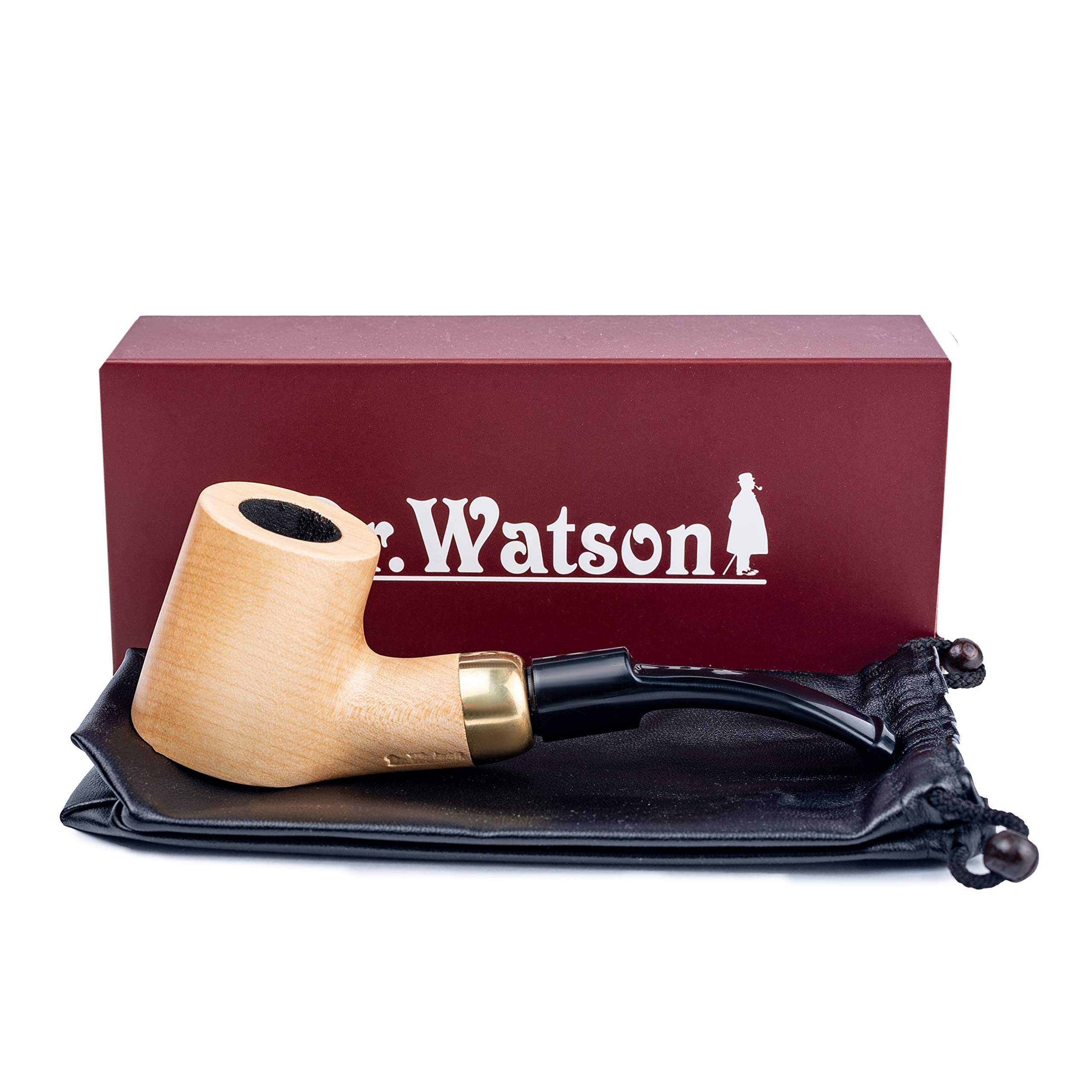 Dr. Watson - Wooden Tobacco Pipe, classic Cherrywood shape, Fits 9mm filter, Comes with Pouch, Boxed (Natural)