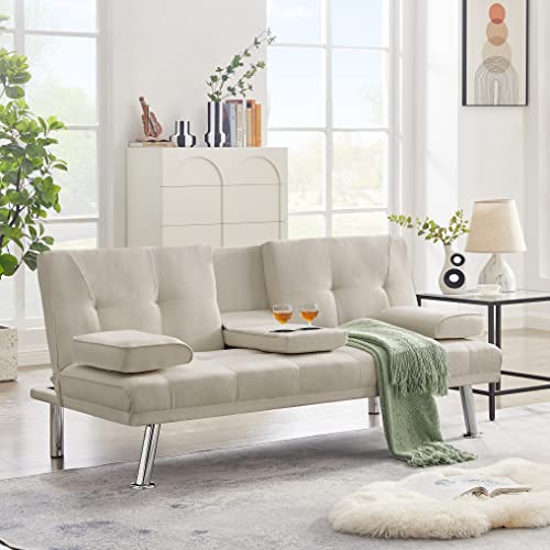 Eafurn Button Tufted Convertible Futon Sofa Bed, Linen Upholstered Loveseat Couch, Modern Folding Sofabed with Cup Holders and Golden Legs, Reclining Small Guest Daybed for Living Room, Dorm