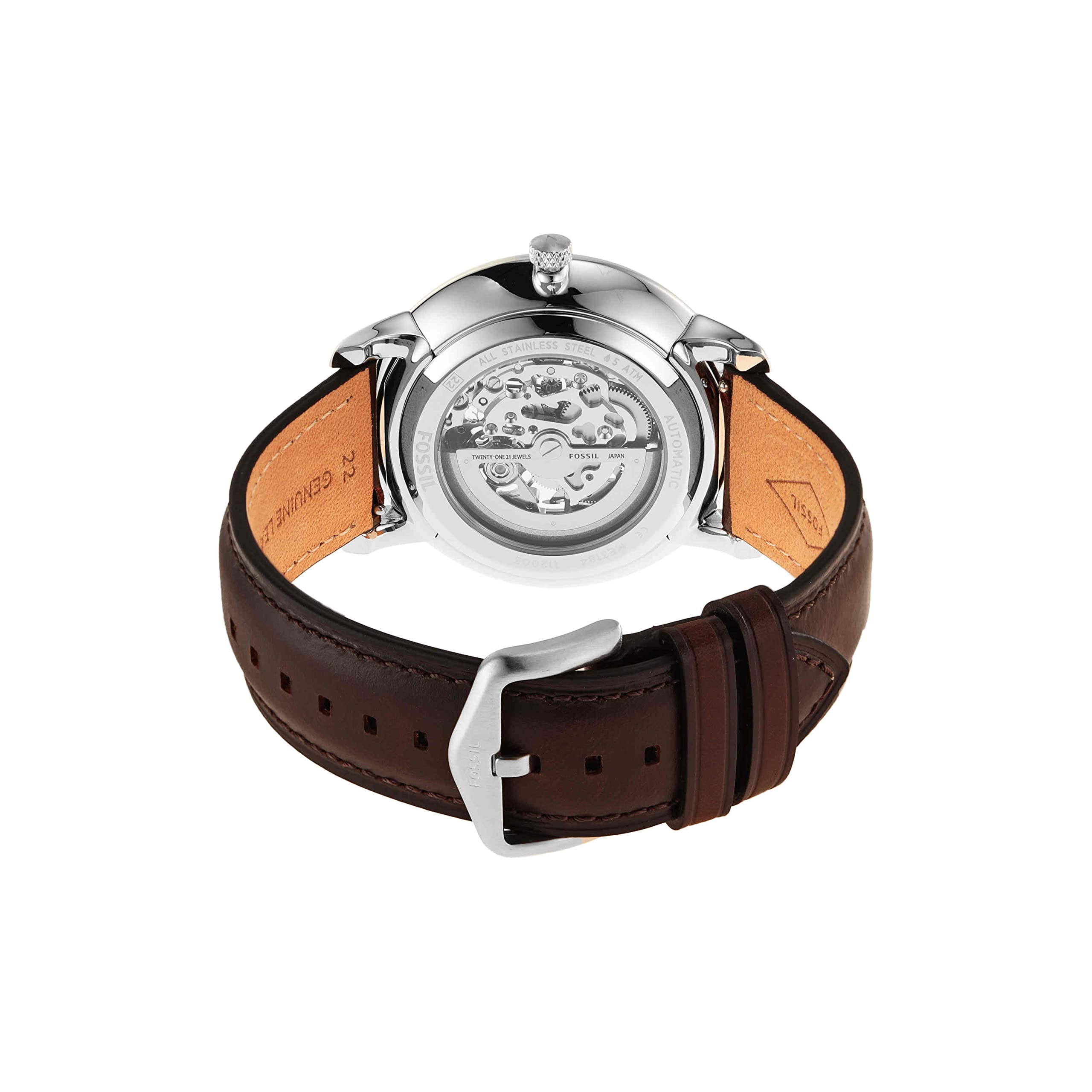 Fossil Men's Neutra Automatic Stainless Steel and Leather Three-Hand Skeleton Watch, Color: Silver, Brown (Model: ME3184)