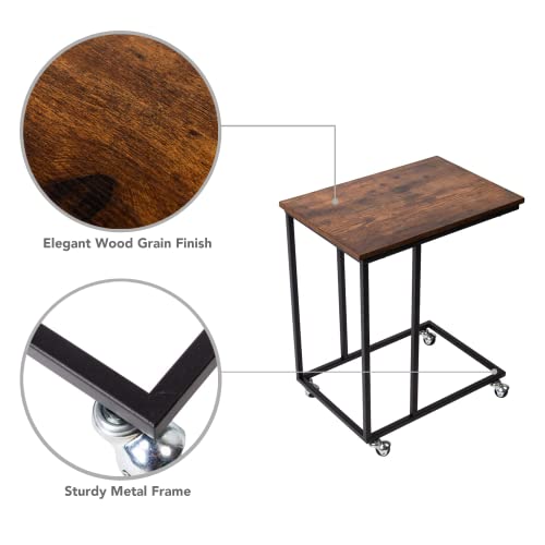 Zoyoleader C Shaped End Side Table, Vintage Sofa Couch Table with Wheel, Industrial Bedside Table with Metal Frame for Living Room, Bedroom, Rustic Brown (C Shape)