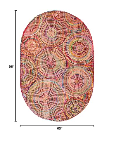 SAFAVIEH Cape Cod Collection Area Rug - 5' x 8' Oval, Red & Multi, Handmade Boho Braided Circles Jute & Cotton, Ideal for High Traffic Areas in Living Room, Bedroom (CAP203A)