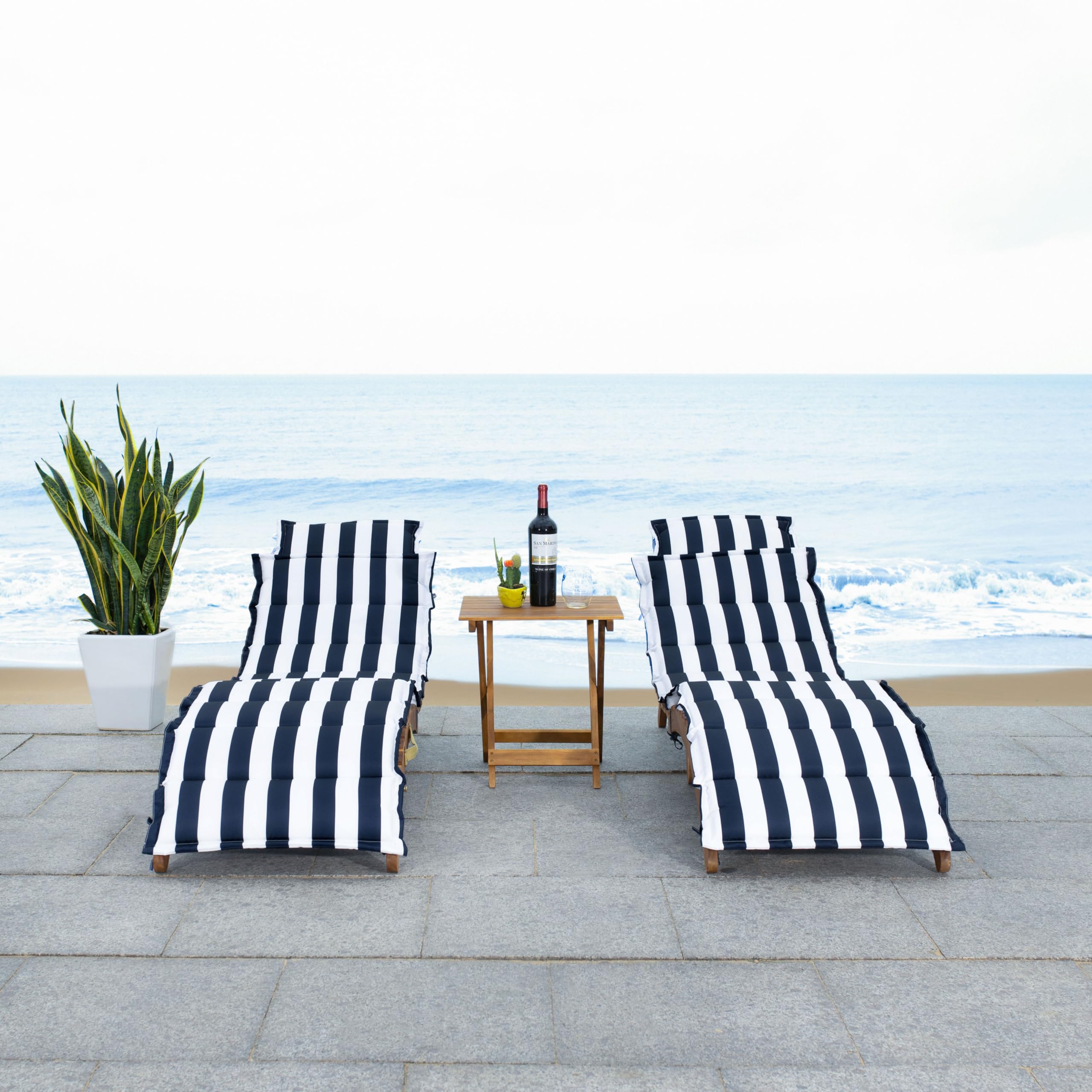 SAFAVIEH Outdoor Collection Pacifica Natural Brown Solid Wood/Navy & White Stripe Cushion 3-Piece Chaise Lounge Set with Table (PAT7020F)