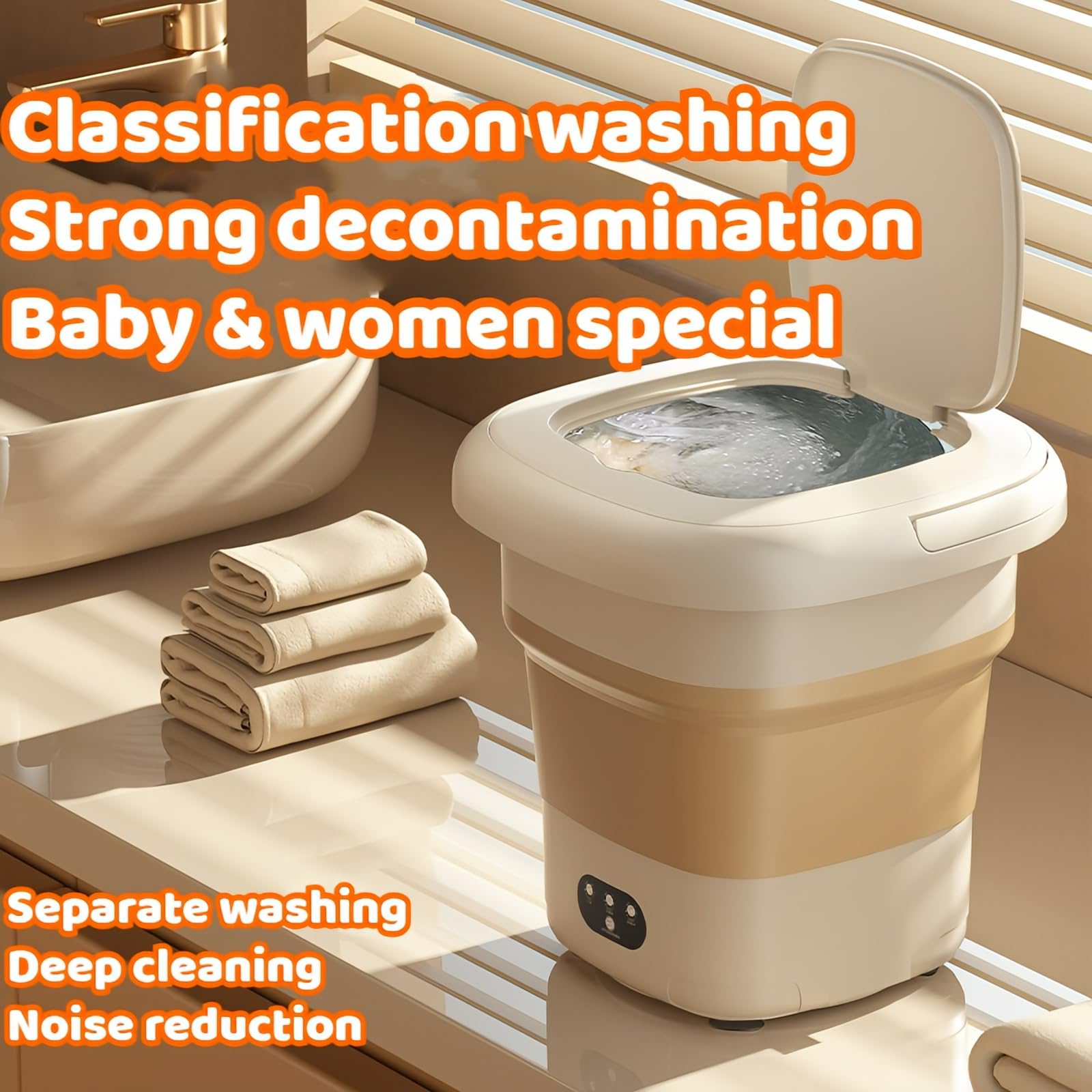 LEMATEEK Foldable Washing Machine, Portable Washing Machine Foldable for Baby Clothes Underwear Small Items, Foldable Mini Washing Machine 2 Modes for Apartments, Dorms, Travel, Capacity 9L, Khaki